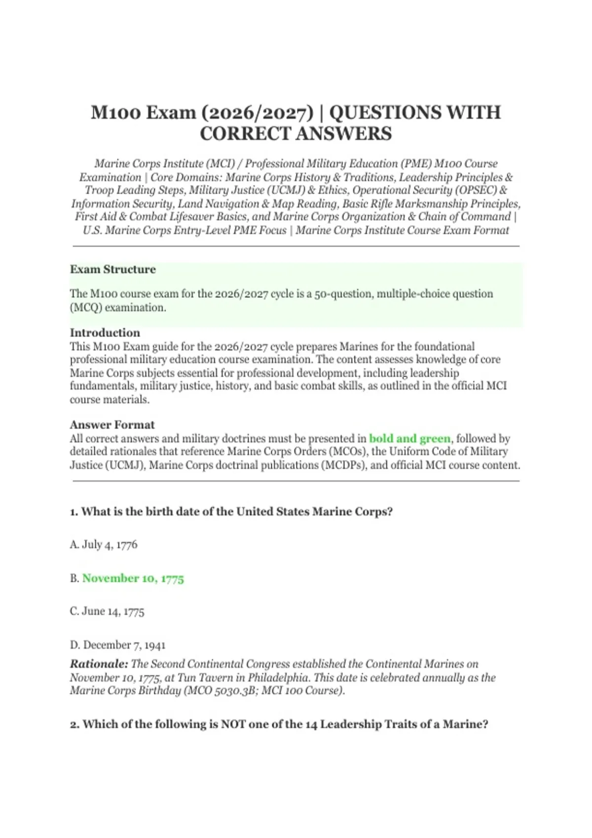 M100 Exam 2026/2027 | Complete Questions with Correct Answers | Marine ...