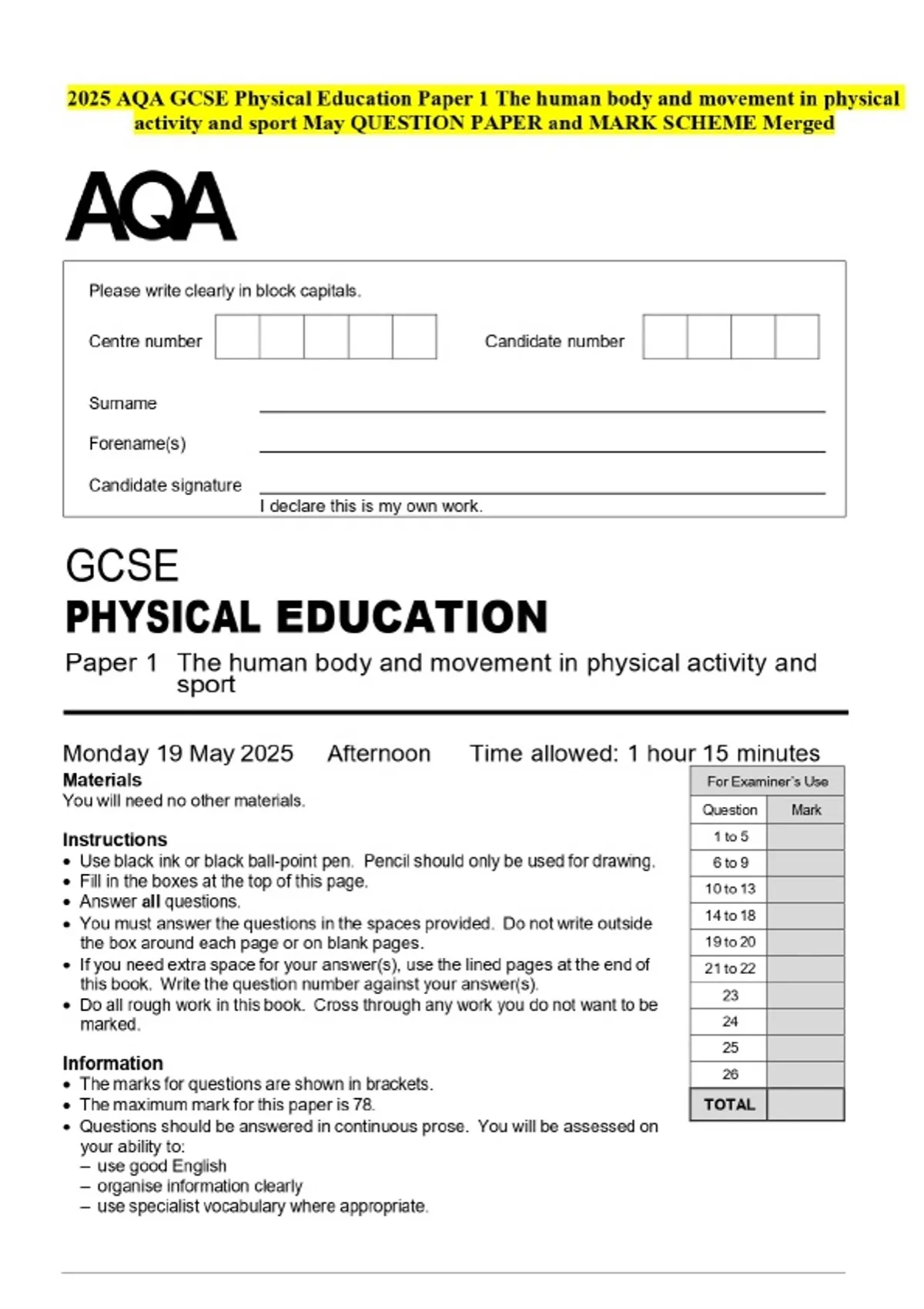 2025 AQA GCSE Physical Education Paper 1 The human body and movement in ...