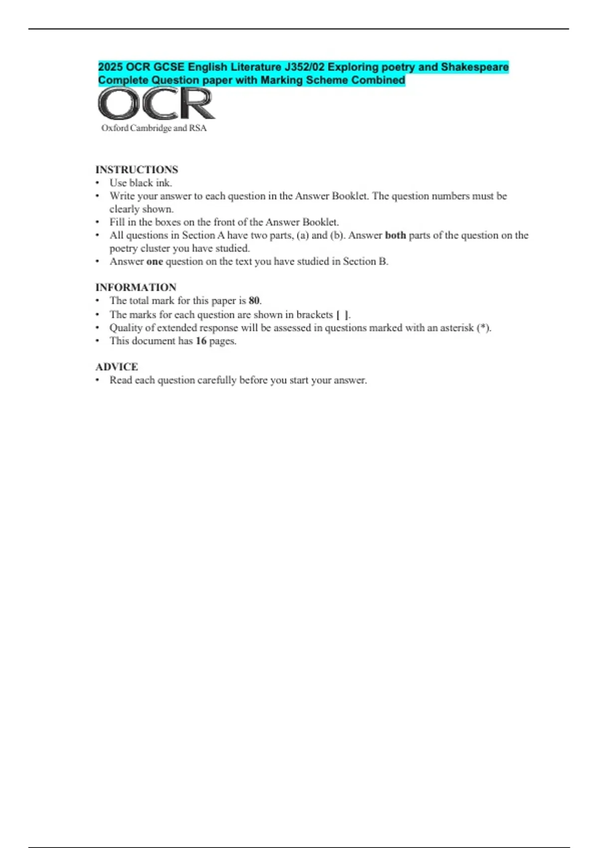 2025 OCR GCSE English Literature – J352/02 Exploring Poetry and ...