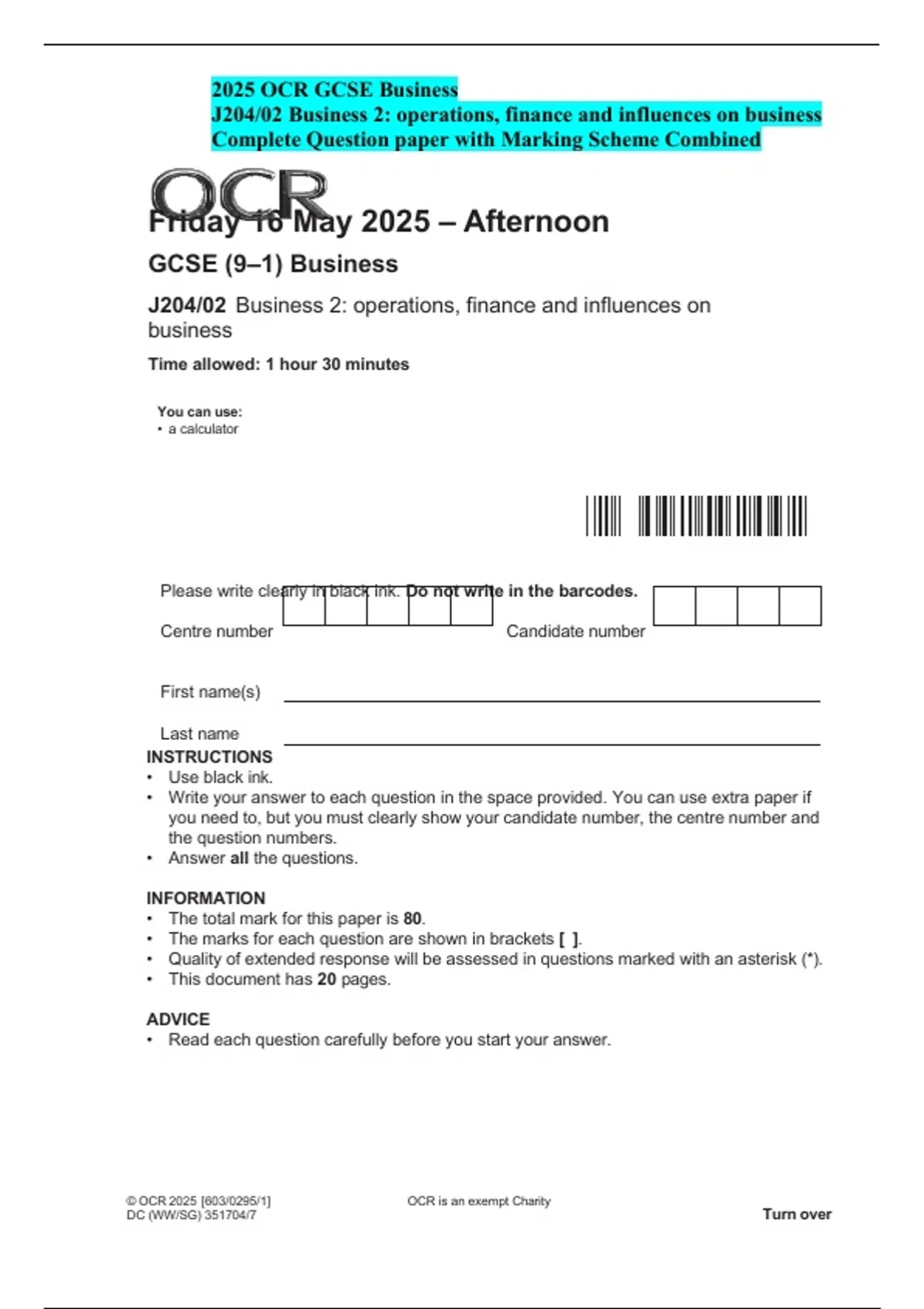 2025 OCR GCSE Business – J204/02 Business 2 Operations, Finance and ...