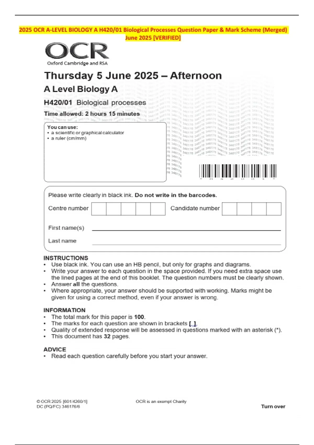 June 2025 OCR A-Level Biology A (H420) | Papers 1, 2 & 3 Combined ...