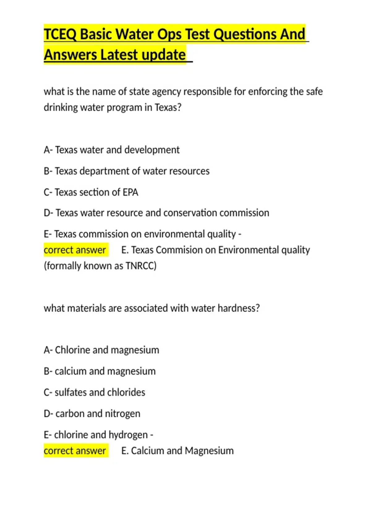 TCEQ Basic Water Ops Test Questions And Answers Latest update - TCEQ ...