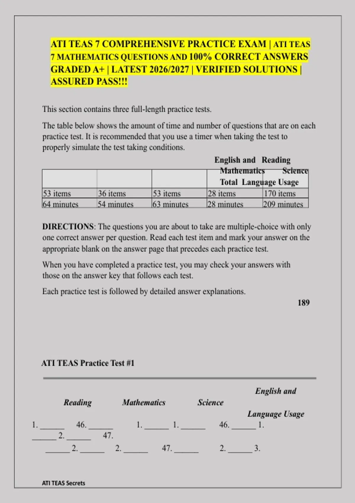 ATI TEAS 7 COMPREHENSIVE PRACTICE EXAM | ATI TEAS 7 MATHEMATICS ...