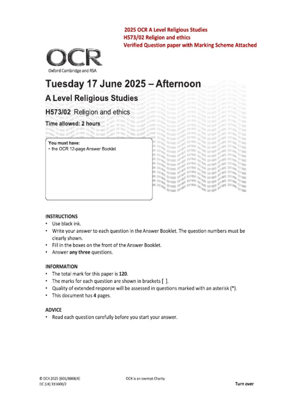 OCR A Level Religious Studies 2025 H573/02 Religion and Ethics | Real ...
