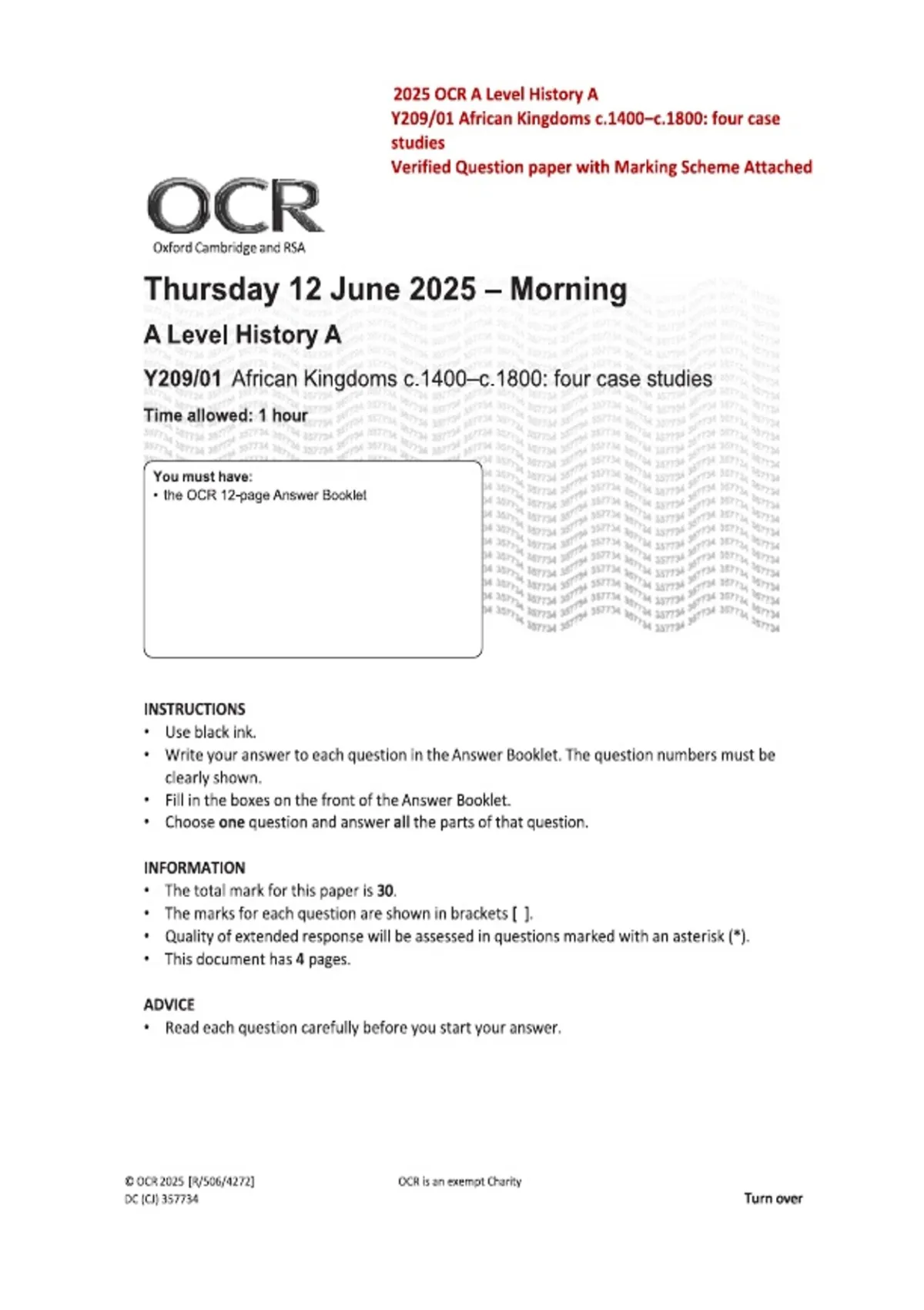 OCR A Level History A 2025 Y209/01 African Kingdoms c.1400–c.1800 (Four ...