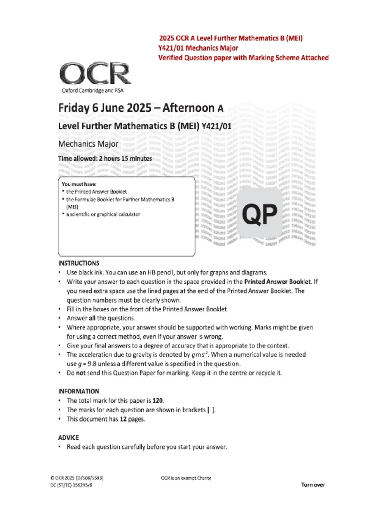 OCR A Level Further Mathematics B (MEI) 2025 Y421/01 Mechanics Major ...