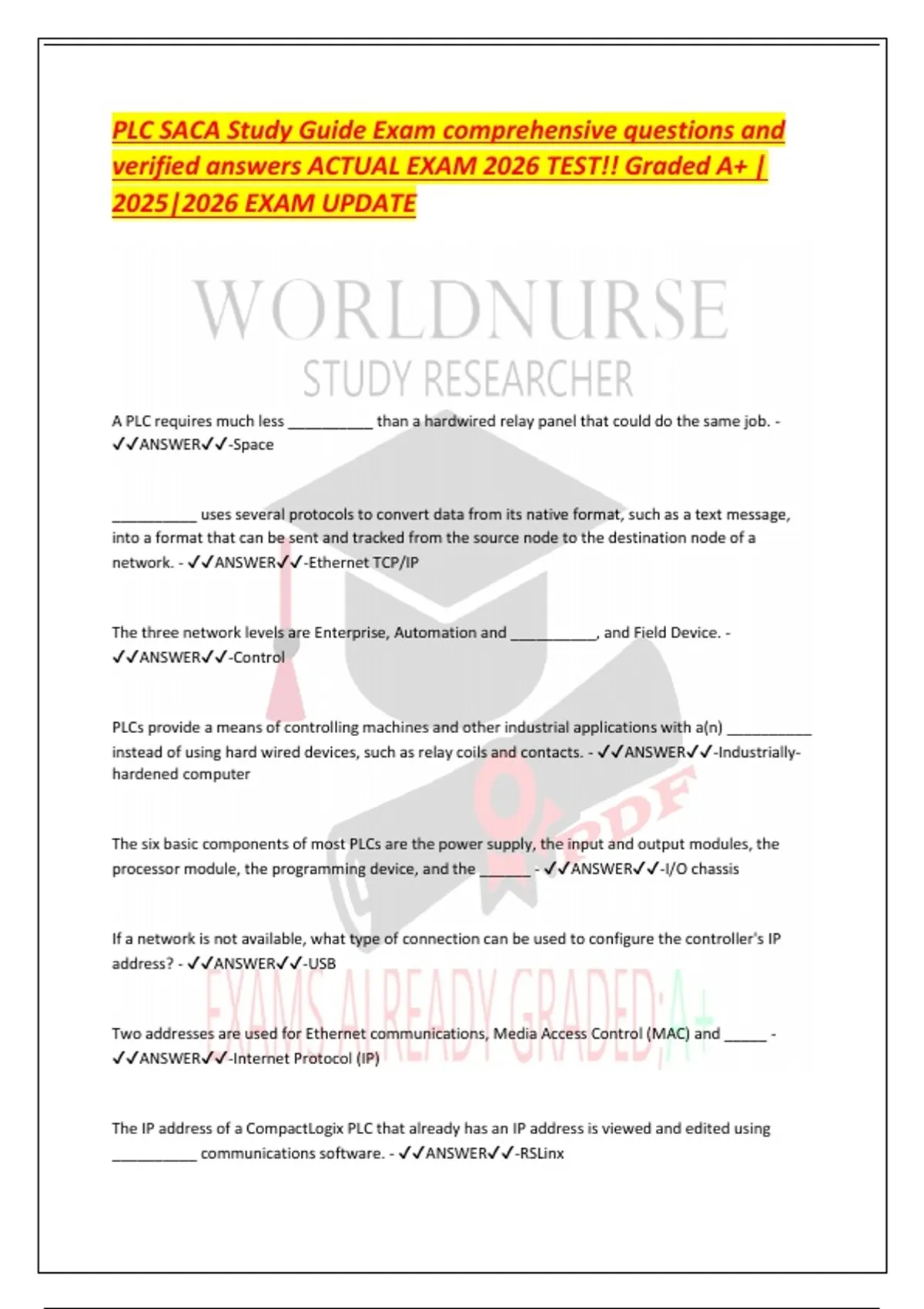 PLC SACA Study Guide Exam comprehensive questions and verified answers ...