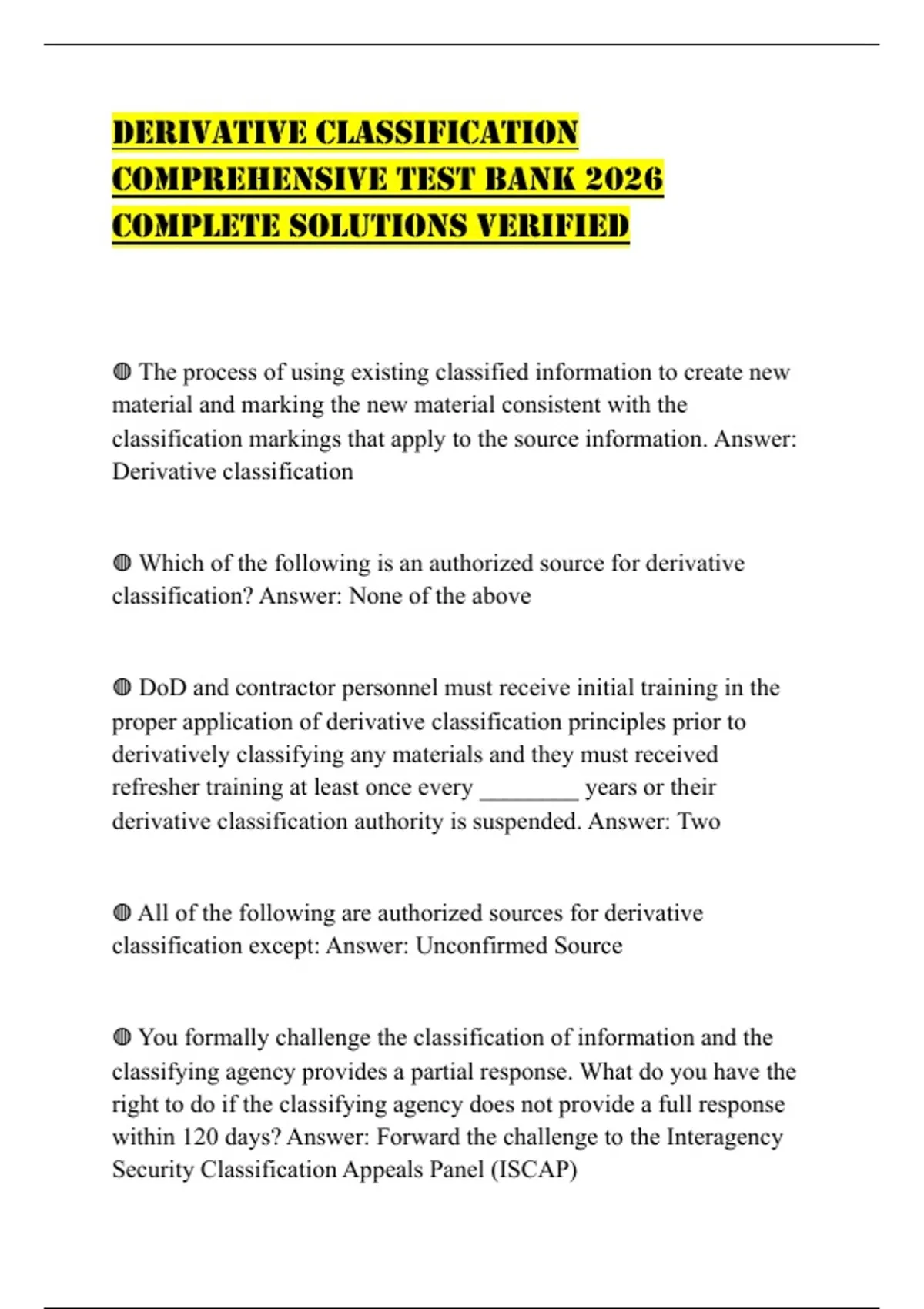 DERIVATIVE CLASSIFICATION COMPREHENSIVE TEST BANK 2026 COMPLETE ...