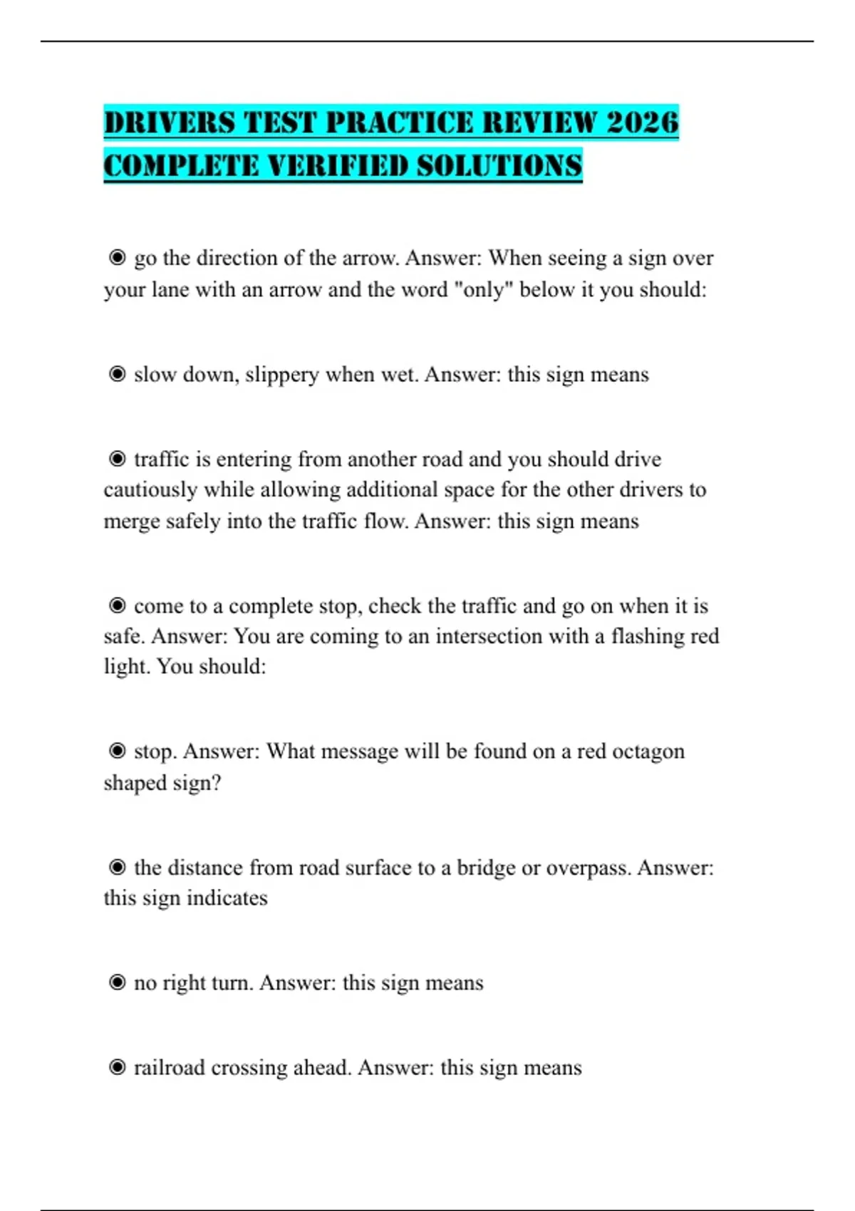 DRIVERS TEST PRACTICE REVIEW 2026 COMPLETE VERIFIED SOLUTIONS - Driving ...
