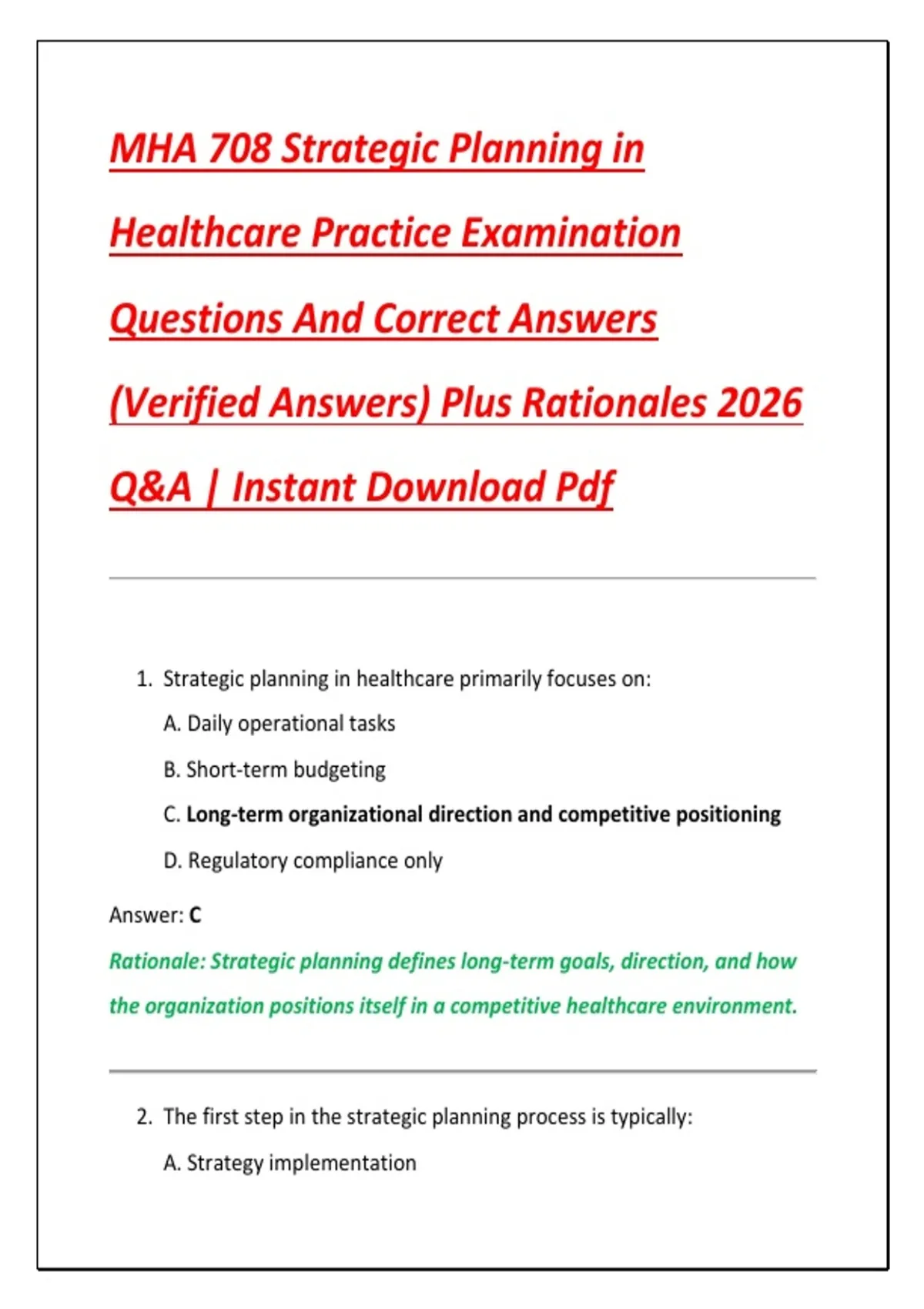 MHA 708 Strategic Planning in Healthcare Practice Examination Questions ...