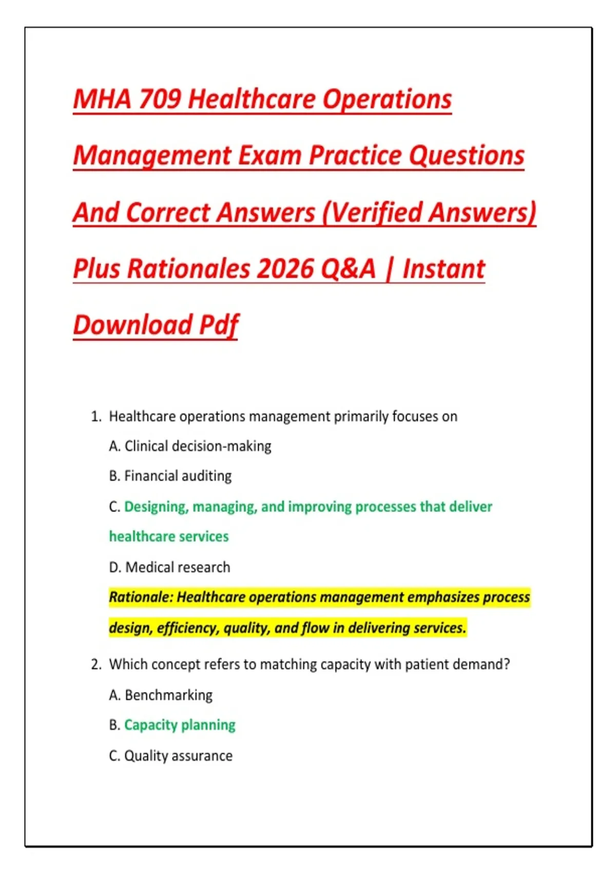 MHA 709 Healthcare Operations Management Exam Practice Questions And ...