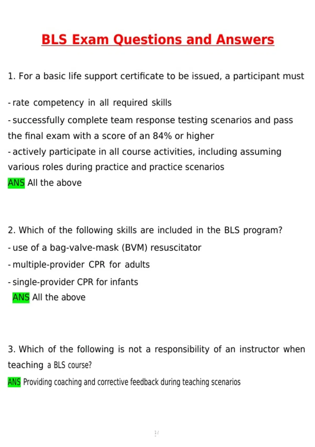 BLS EXAM Latest Actual 2026 Questions and Verified Answers (2026 / 2027 ...