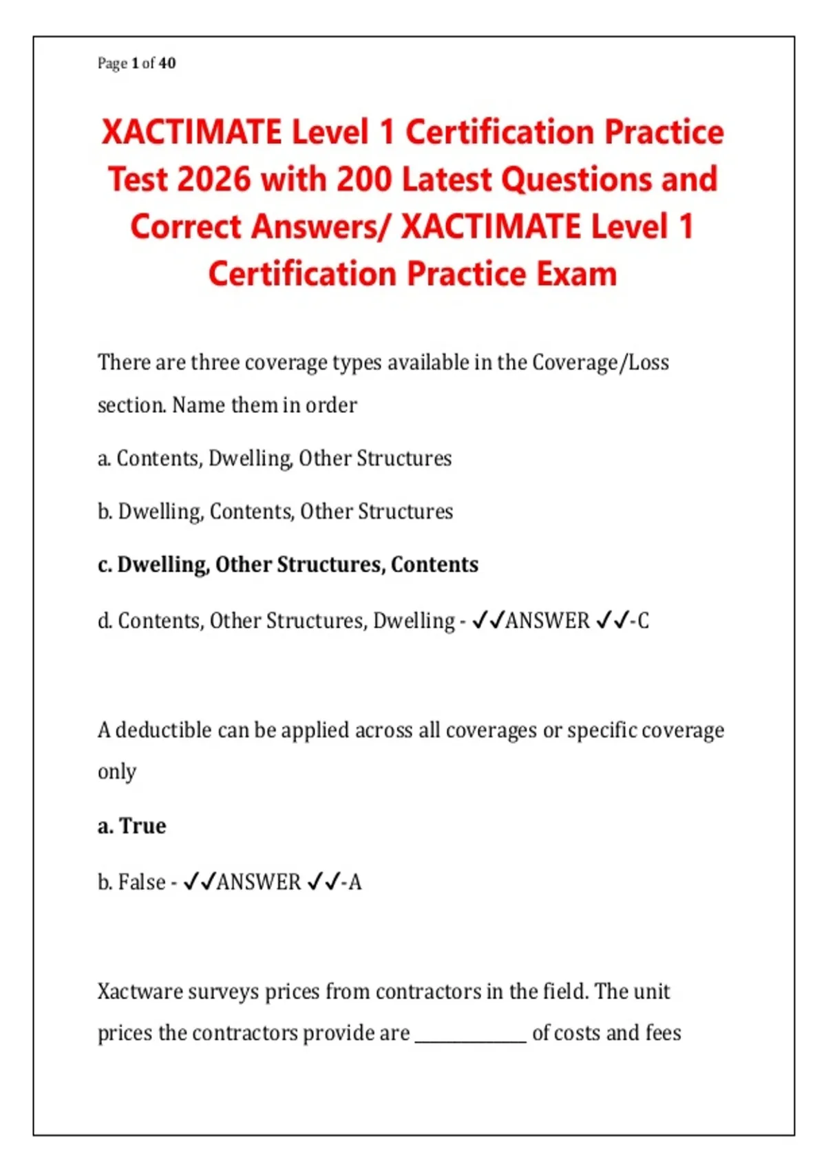 XACTIMATE Level 1 Certification Practice Test 2026 with 200 Latest ...