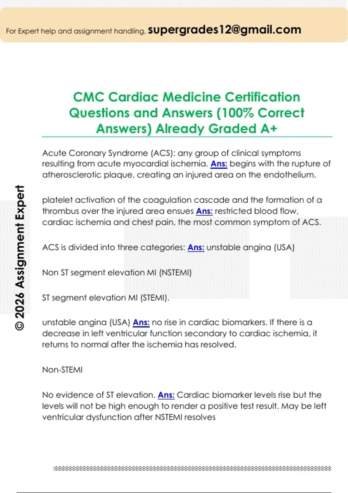 CMC Cardiac Medicine Certification Questions and Answers (100% Correct ...