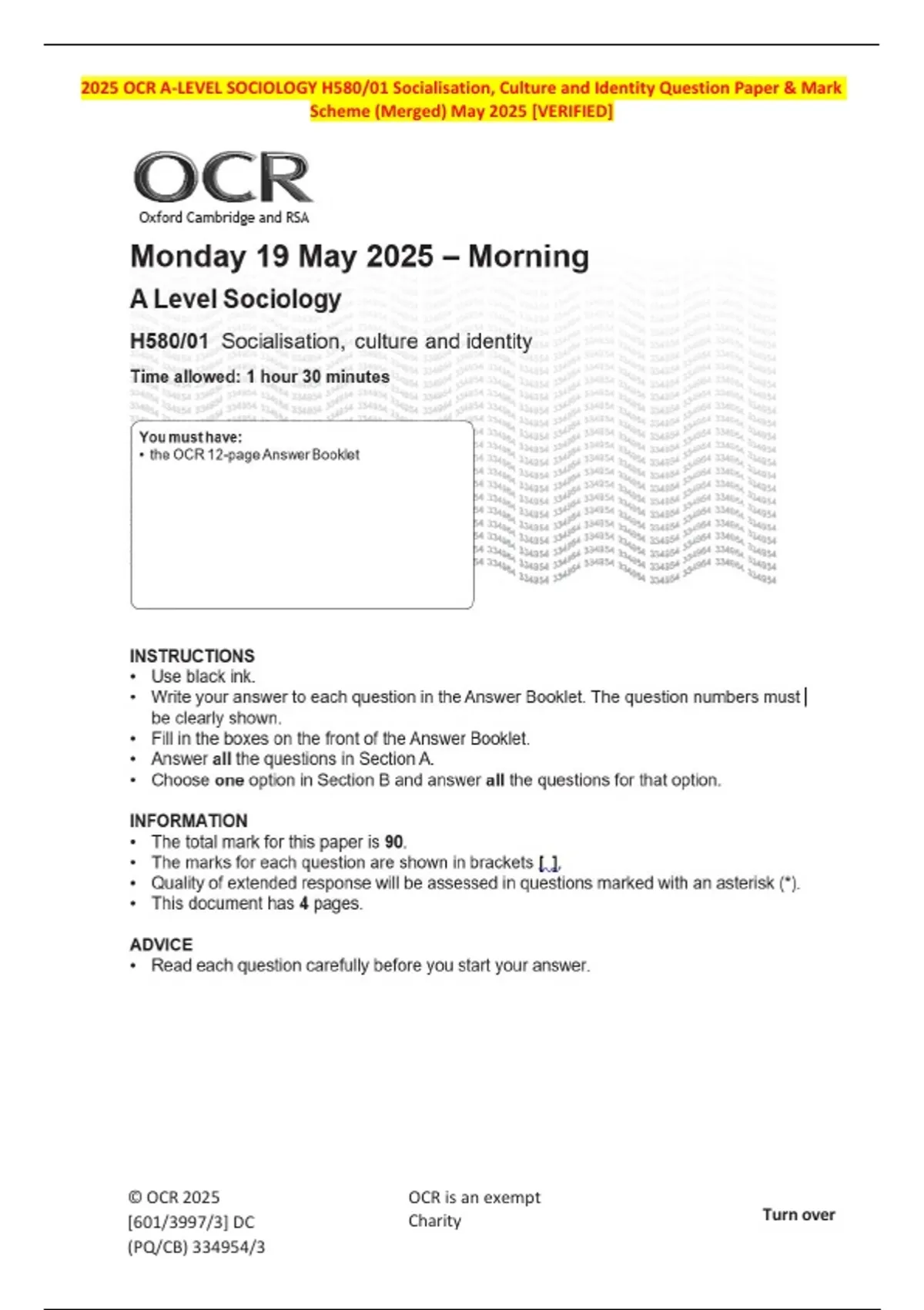 May–June 2025 OCR A-Level Sociology (H580) | Papers 1, 2 & 3 Combined ...