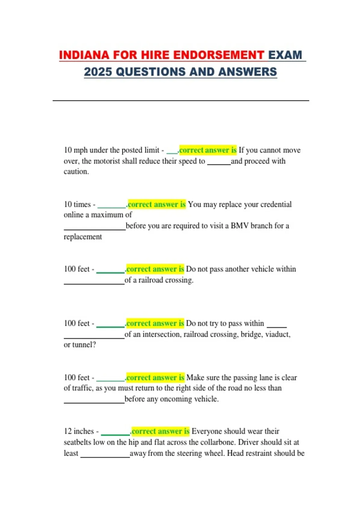 Indiana For-Hire Endorsement Exam 2025 – Complete Questions and Correct ...