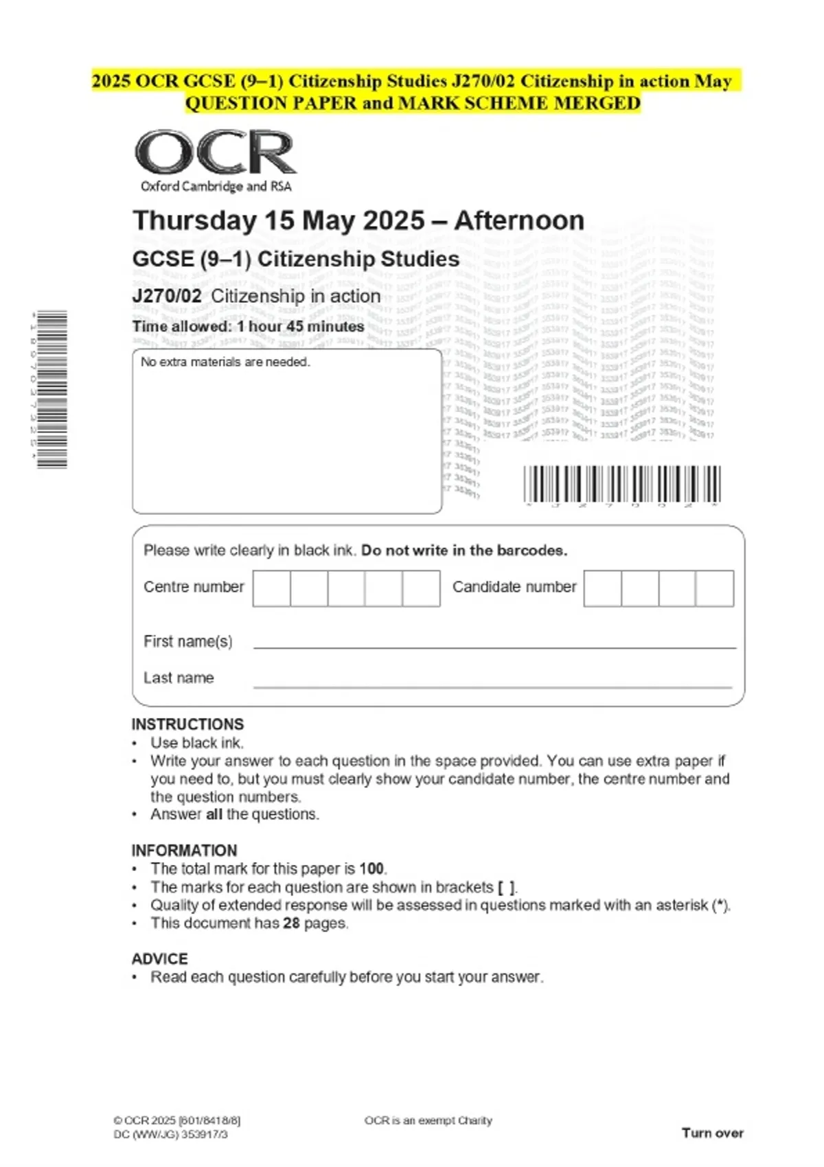 2025 OCR GCSE (9–1) Citizenship Studies J270/02 Citizenship in action ...