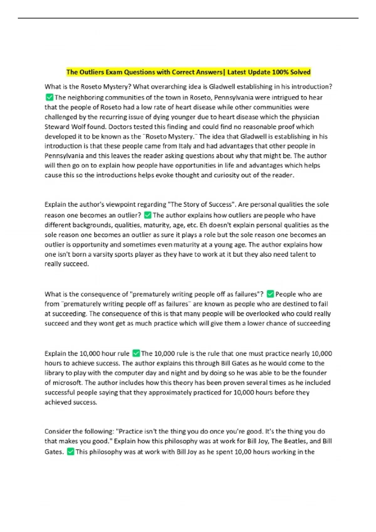 The Outliers Exam Questions with Correct Answers| Latest Update 100% ...