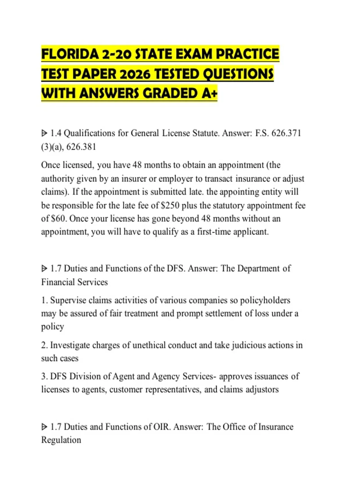 FLORIDA 2-20 STATE EXAM PRACTICE TEST PAPER 2026 TESTED QUESTIONS WITH ...