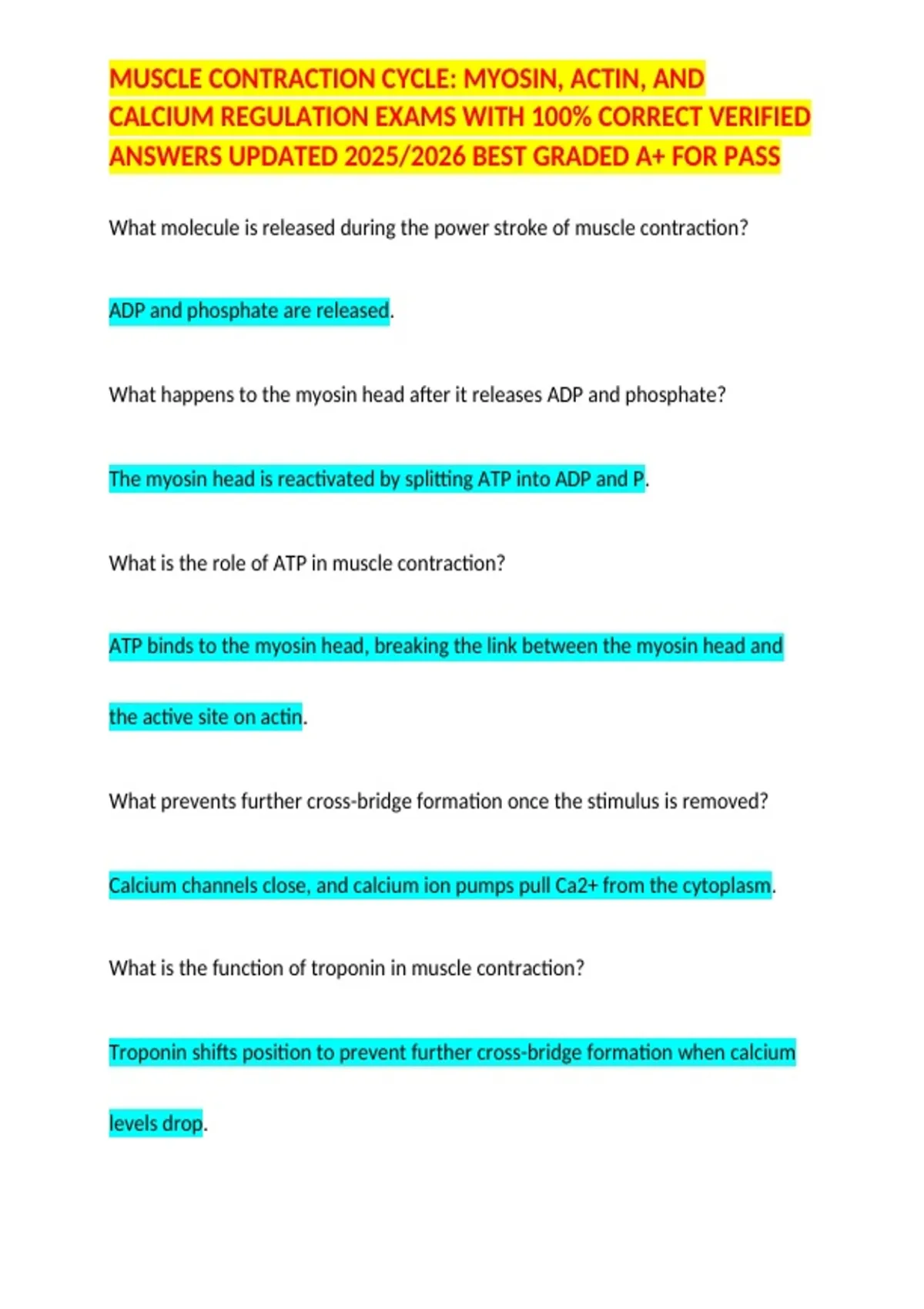 MUSCLE CONTRACTION CYCLE: MYOSIN, ACTIN, AND CALCIUM REGULATION EXAMS ...