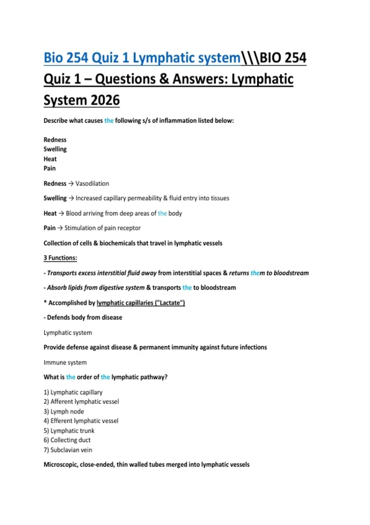 BIO 254 Quiz 1 2026 – Lymphatic System Questions & Answers - Bio 254 ...
