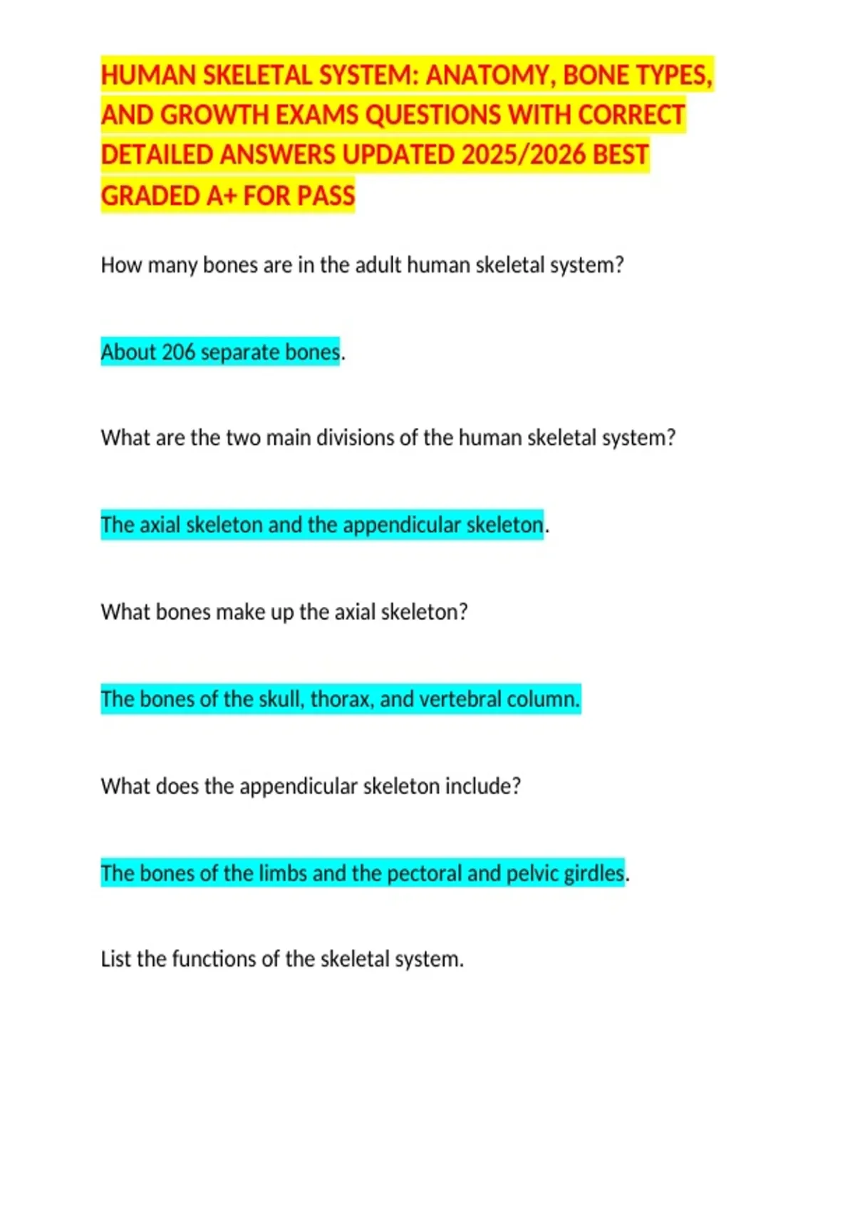 HUMAN SKELETAL SYSTEM: ANATOMY, BONE TYPES, AND GROWTH EXAMS QUESTIONS ...