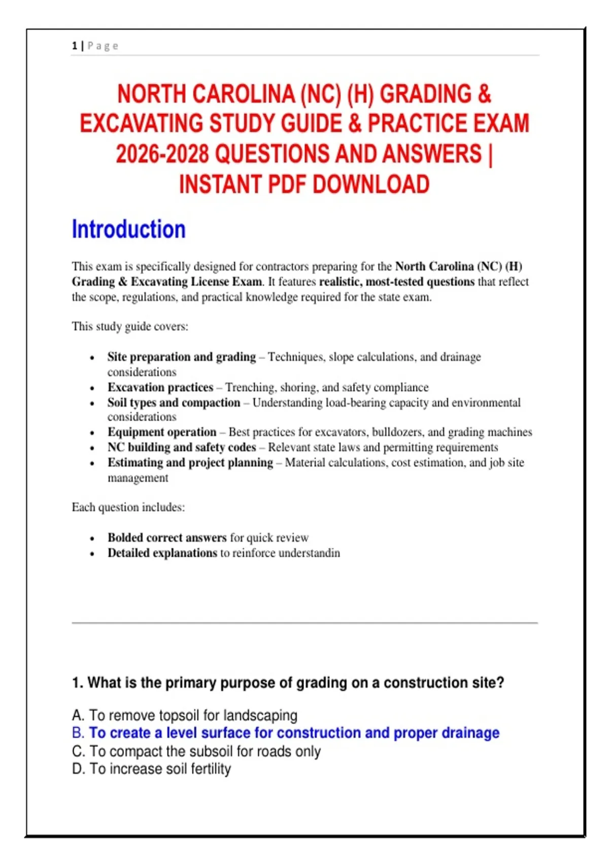 NORTH CAROLINA (NC) (H) GRADING & EXCAVATING STUDY GUIDE & PRACTICE ...