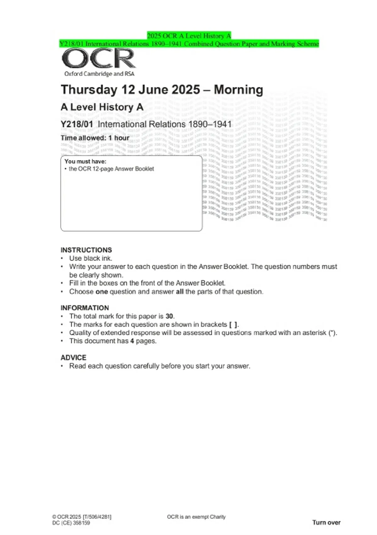 2025 OCR A Level History A Y218/01 International Relations 1890–1941 ...