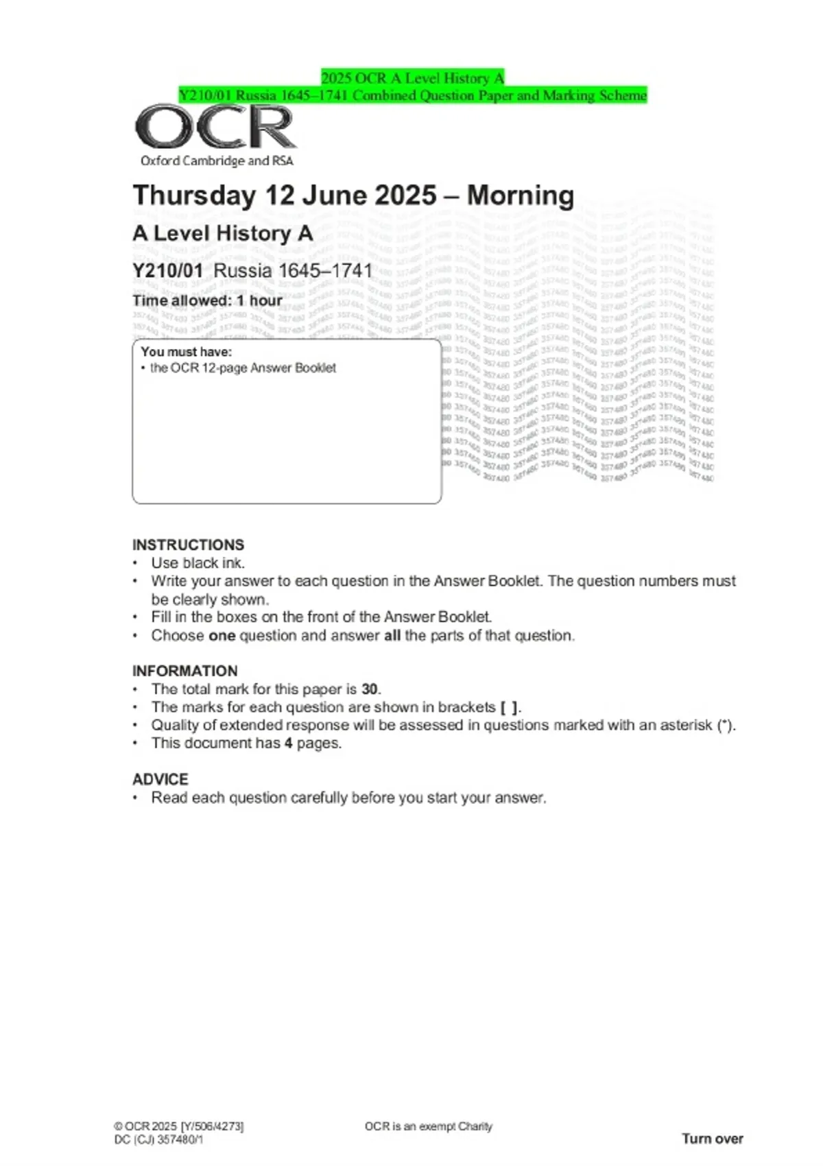 2025 OCR A Level History A Y210/01 Russia 145– OCR A Level History A ...