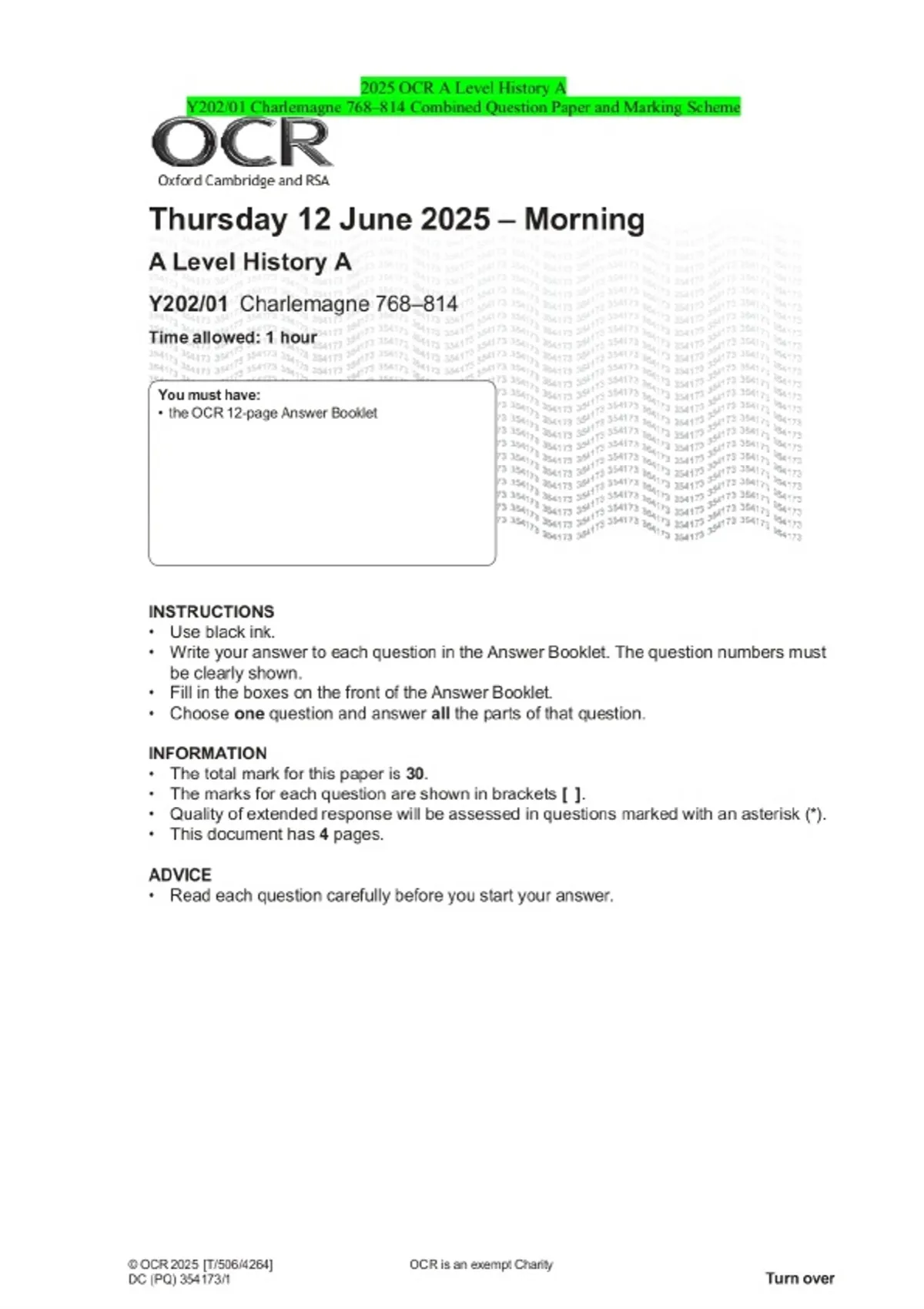 2025 OCR A Level History A Y202/01 Charlemagne 6–1 Combined Question ...
