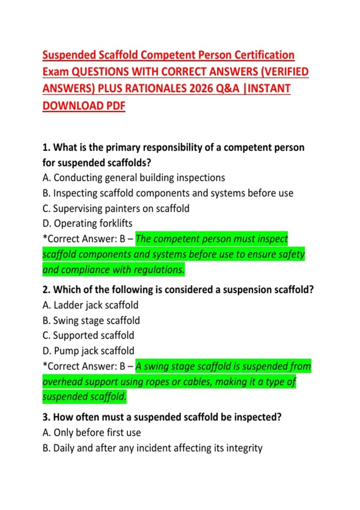 Suspended Scaffold Competent Person Certification Exam Questions with ...