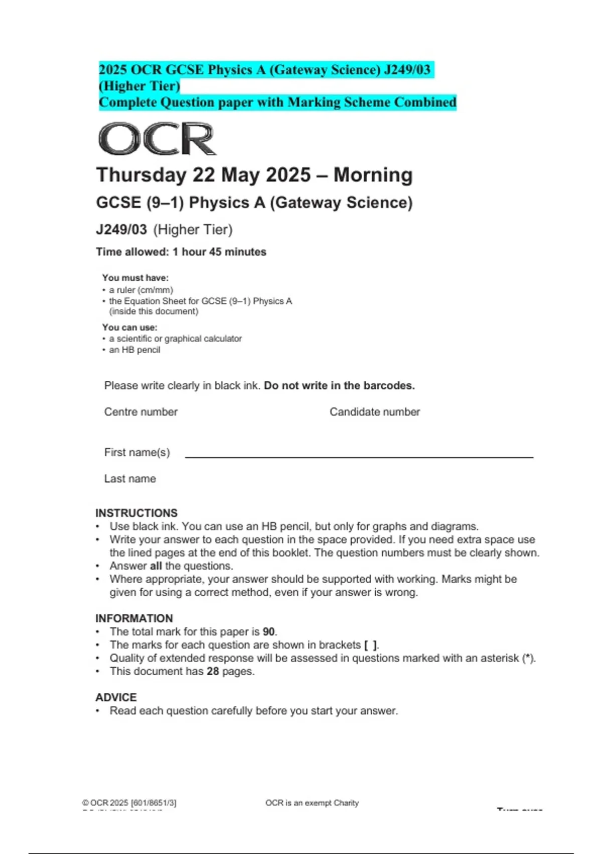 OCR GCSE Physics A J249/03 Higher May 2025 | QP & Mark Scheme - Physics - Stuvia UK
