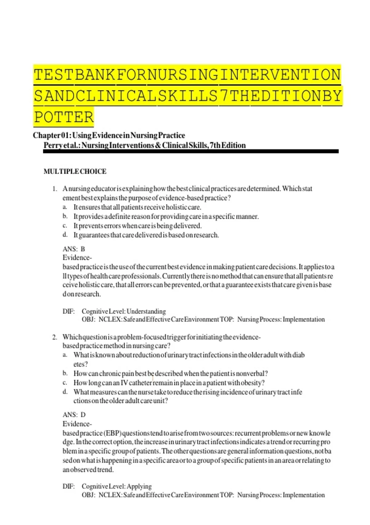 Nursing Interventions Test Bank Clinical Skills Nursing Test Bank ...