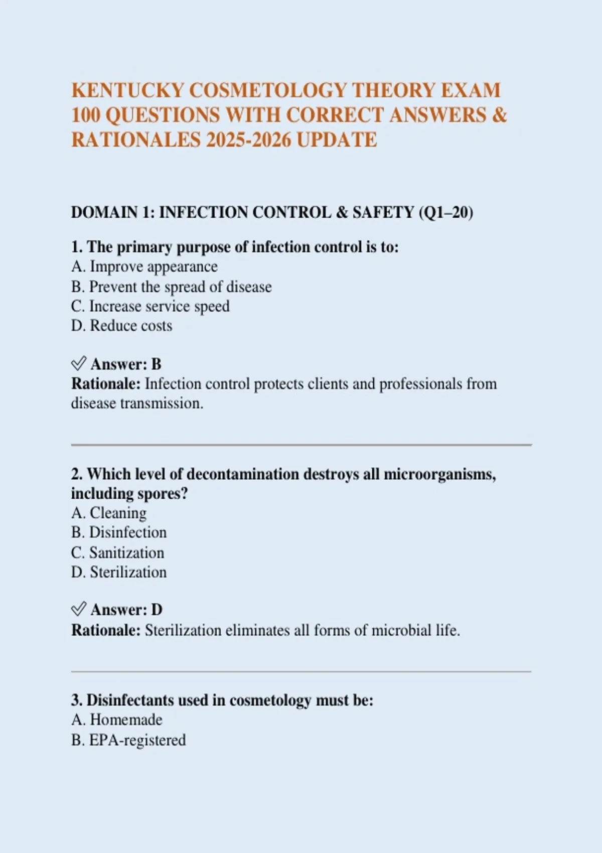 KENTUCKY COSMETOLOGY THEORY EXAM 100 QUESTIONS WITH CORRECT ANSWERS ...