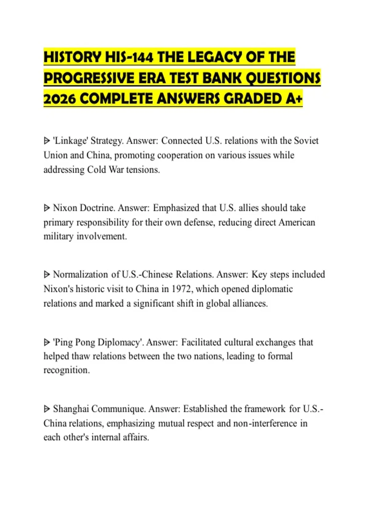 HISTORY HIS-144 THE LEGACY OF THE PROGRESSIVE ERA TEST BANK QUESTIONS ...
