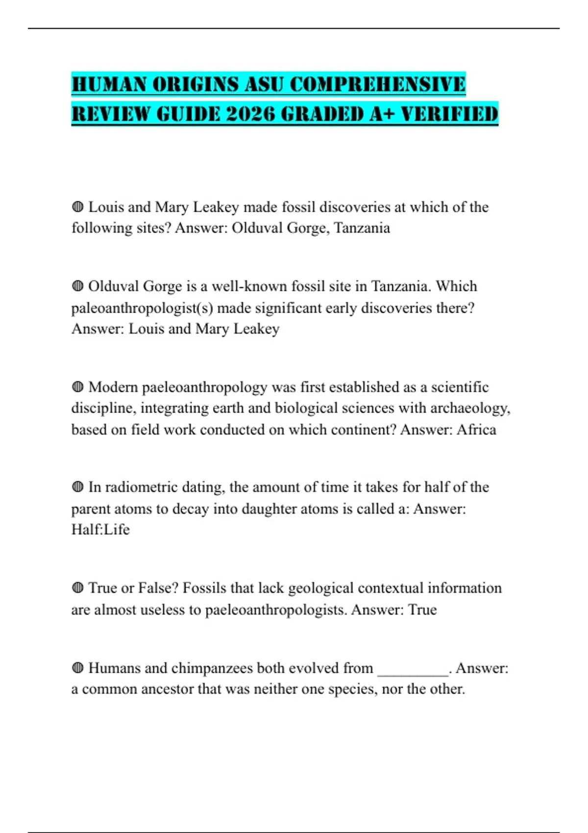 HUMAN ORIGINS ASU COMPREHENSIVE REVIEW GUIDE 2026 GRADED A+ VERIFIED ...