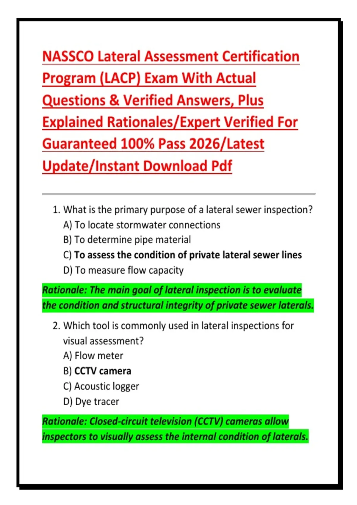 NASSCO Lateral Assessment Certification Program (LACP) Exam With Actual ...