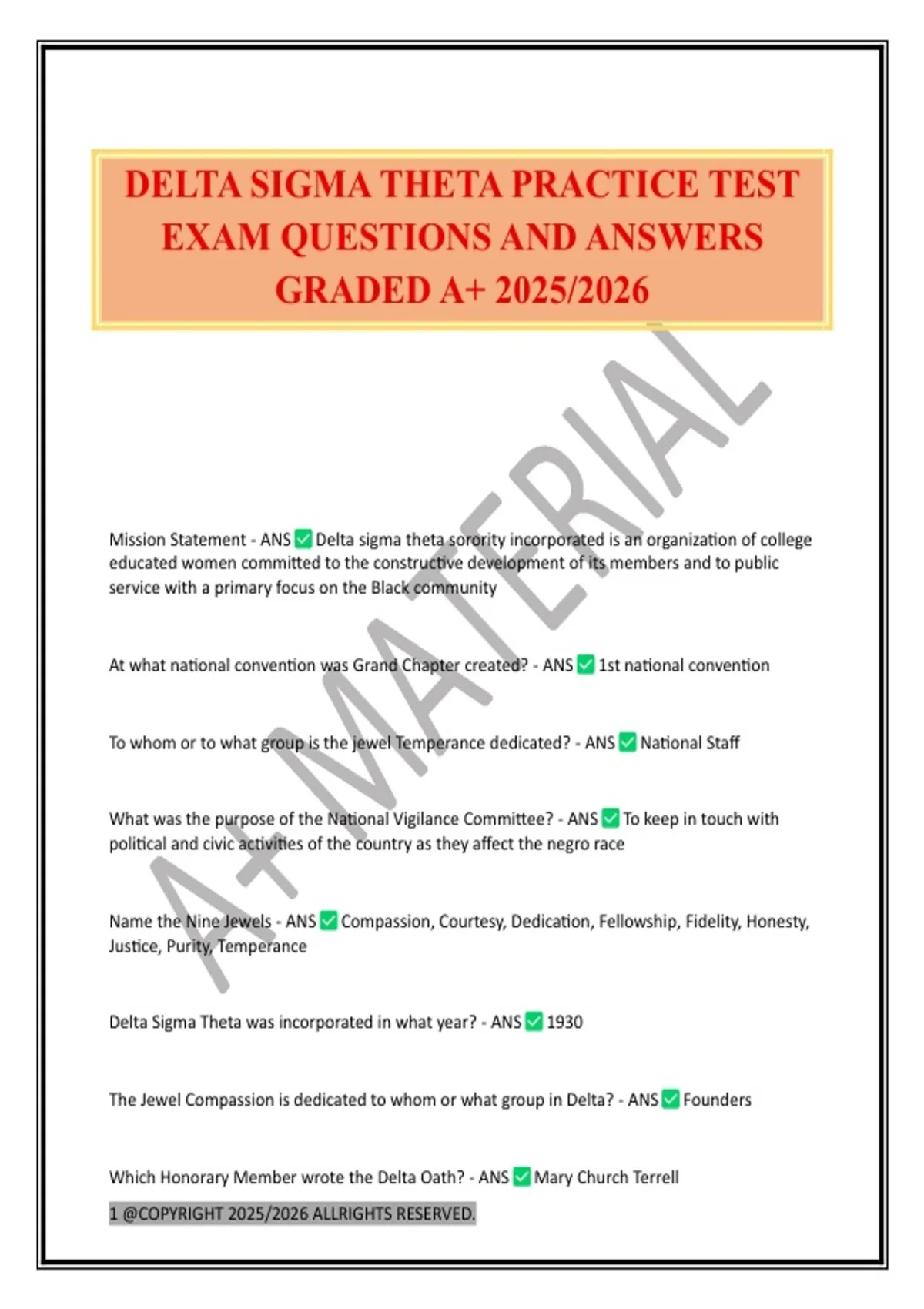 DELTA SIGMA THETA PRACTICE TEST EXAM QUESTIONS AND ANSWERS GRADED A+ ...