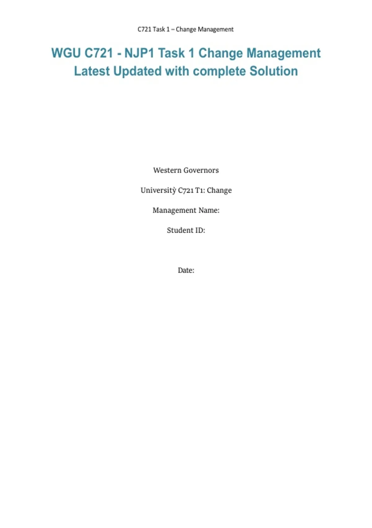 WGU C721 NJP1 Task 1 Change Management | Western Governors University ...