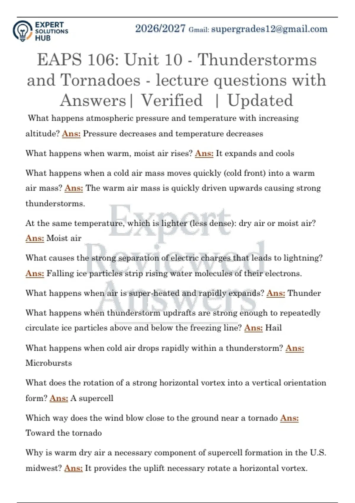 EAPS 106: Unit 10 - Thunderstorms and Tornadoes - lecture questions ...