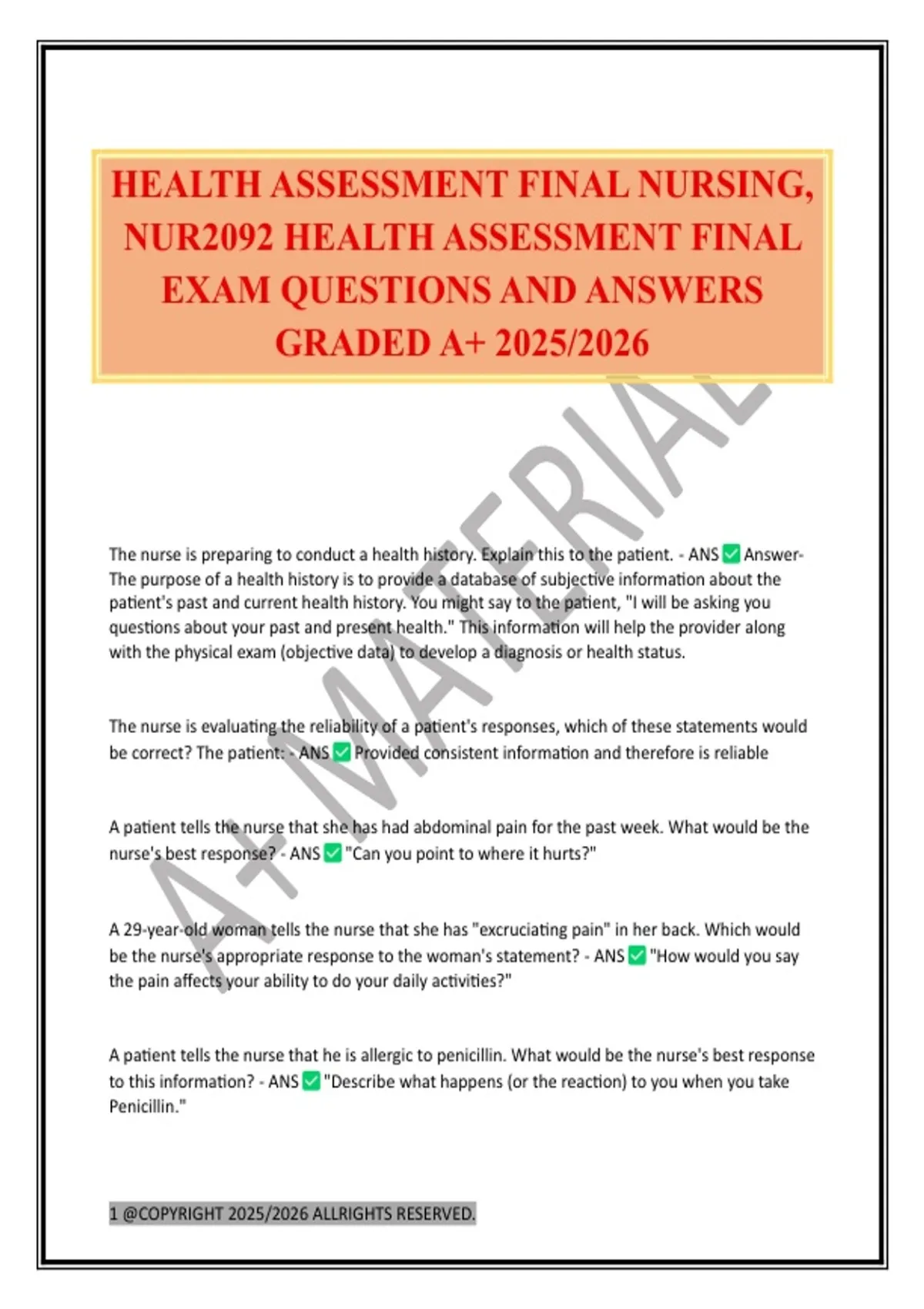 HEALTH ASSESSMENT FINAL NURSING, NUR2092 HEALTH ASSESSMENT FINAL EXAM ...