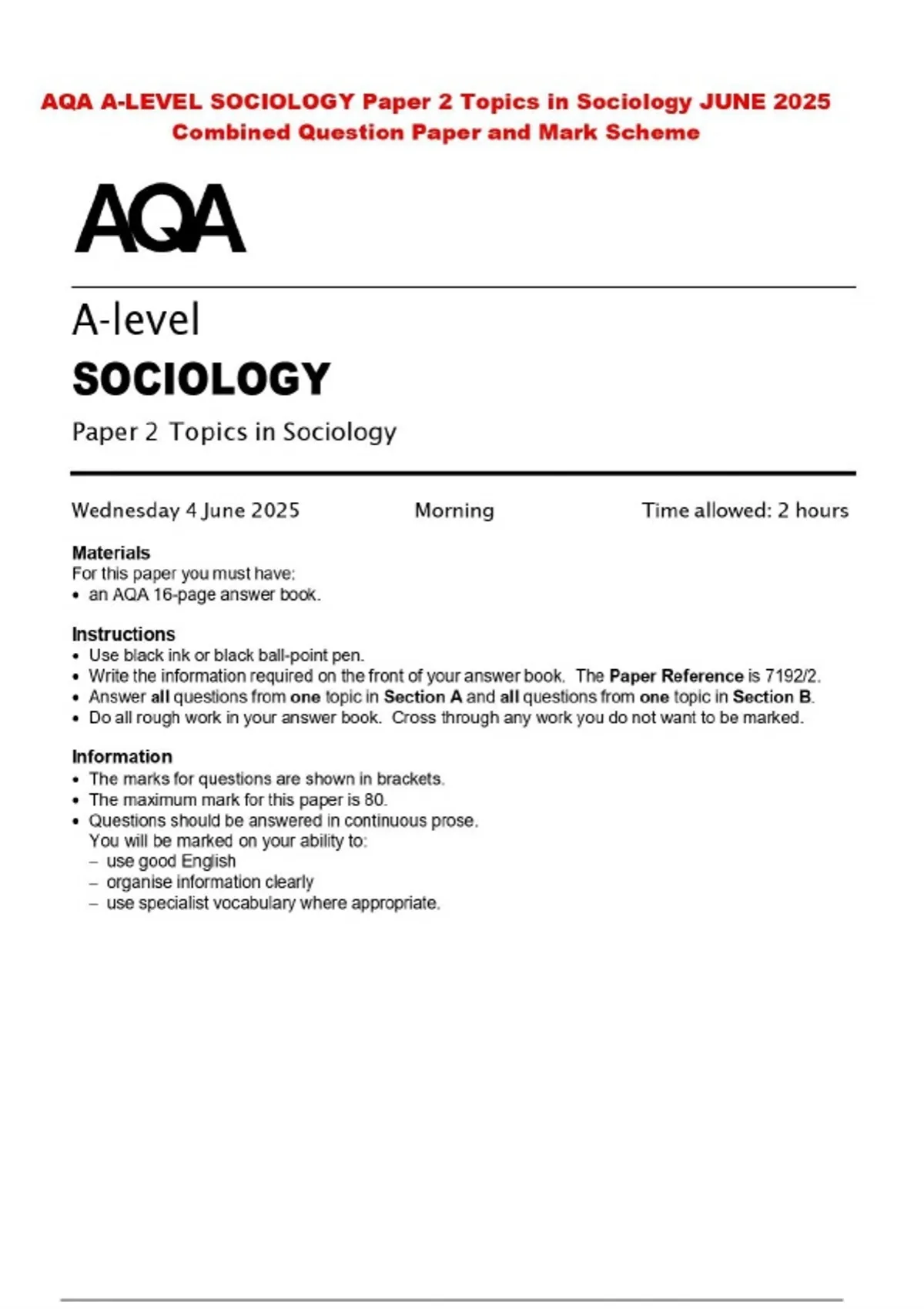 AQA A-LEVEL SOCIOLOGY Paper 2 Topics in Sociology JUNE 2025 Combined ...