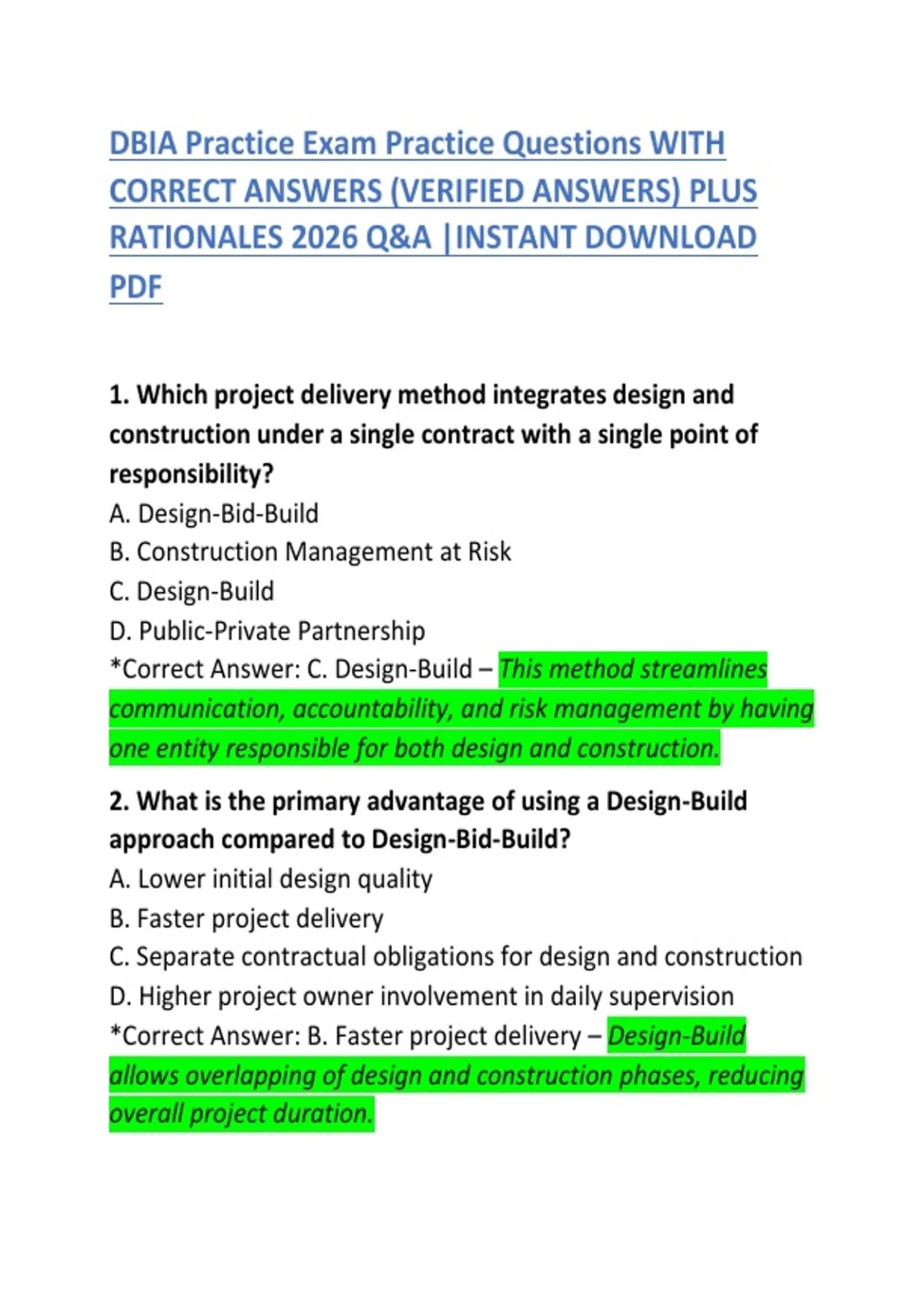 DBIA Practice Exam Questions with Correct Answers (Design-Build ...