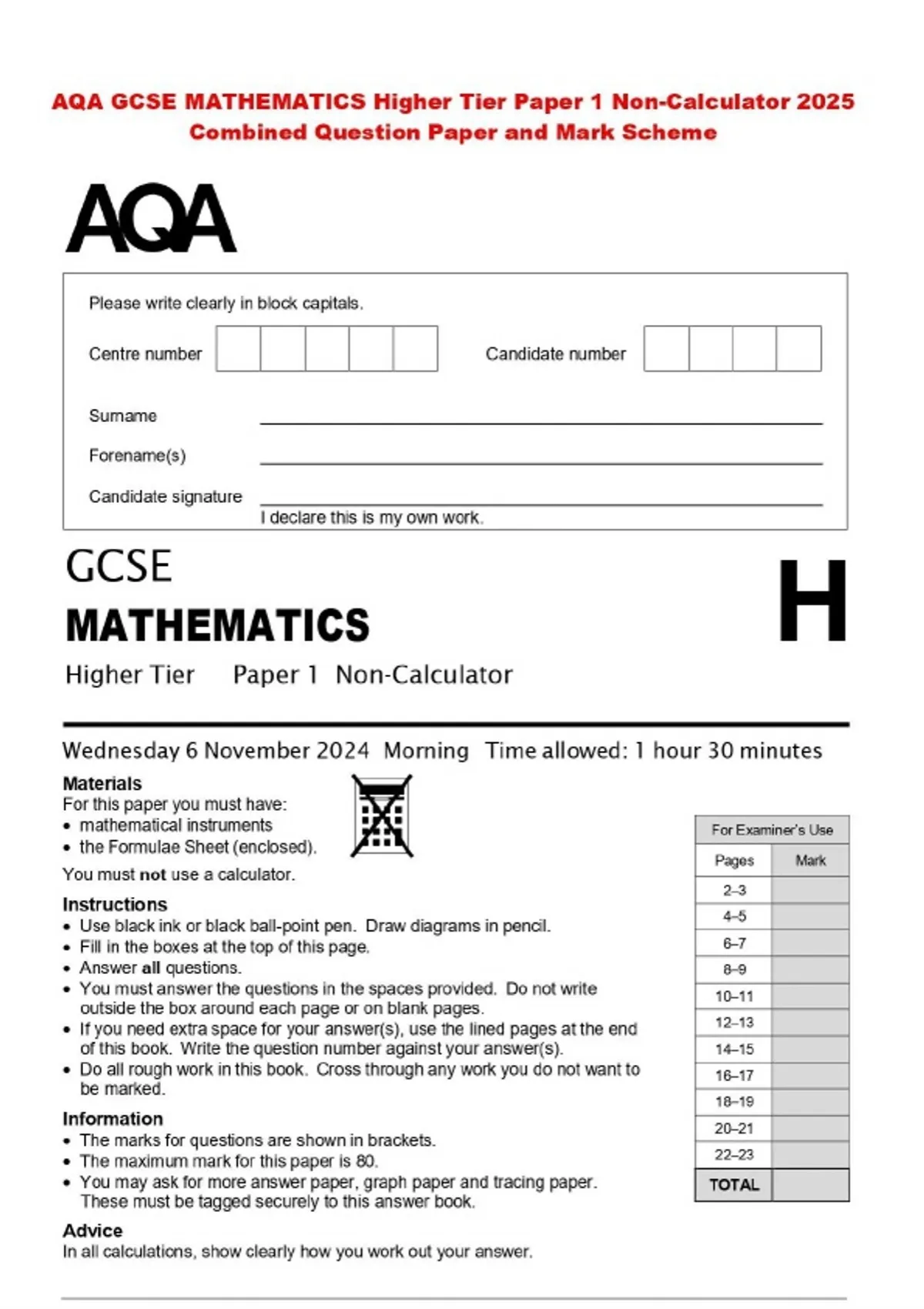 BUNDLE::AQA GCSE MATHEMATICS Question Paper and Mark Scheme 2025 ...