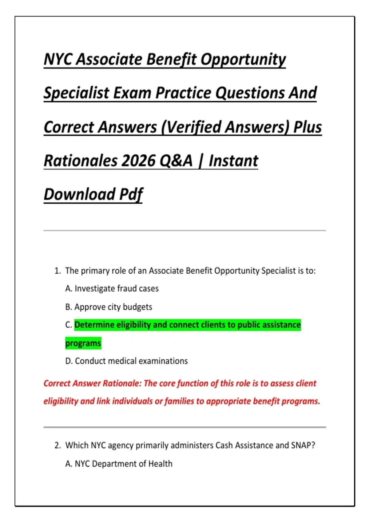 NYC Associate Benefit Opportunity Specialist Exam Practice Questions ...