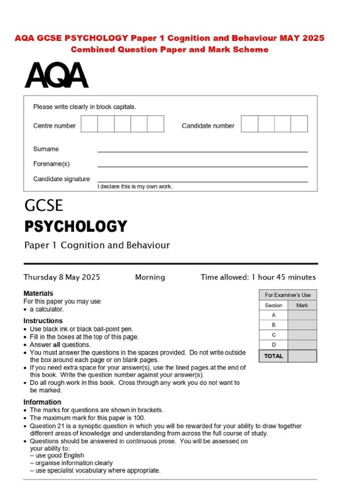 AQA GCSE PSYCHOLOGY Paper 1 Cognition and Behaviour MAY 2025 Combined ...