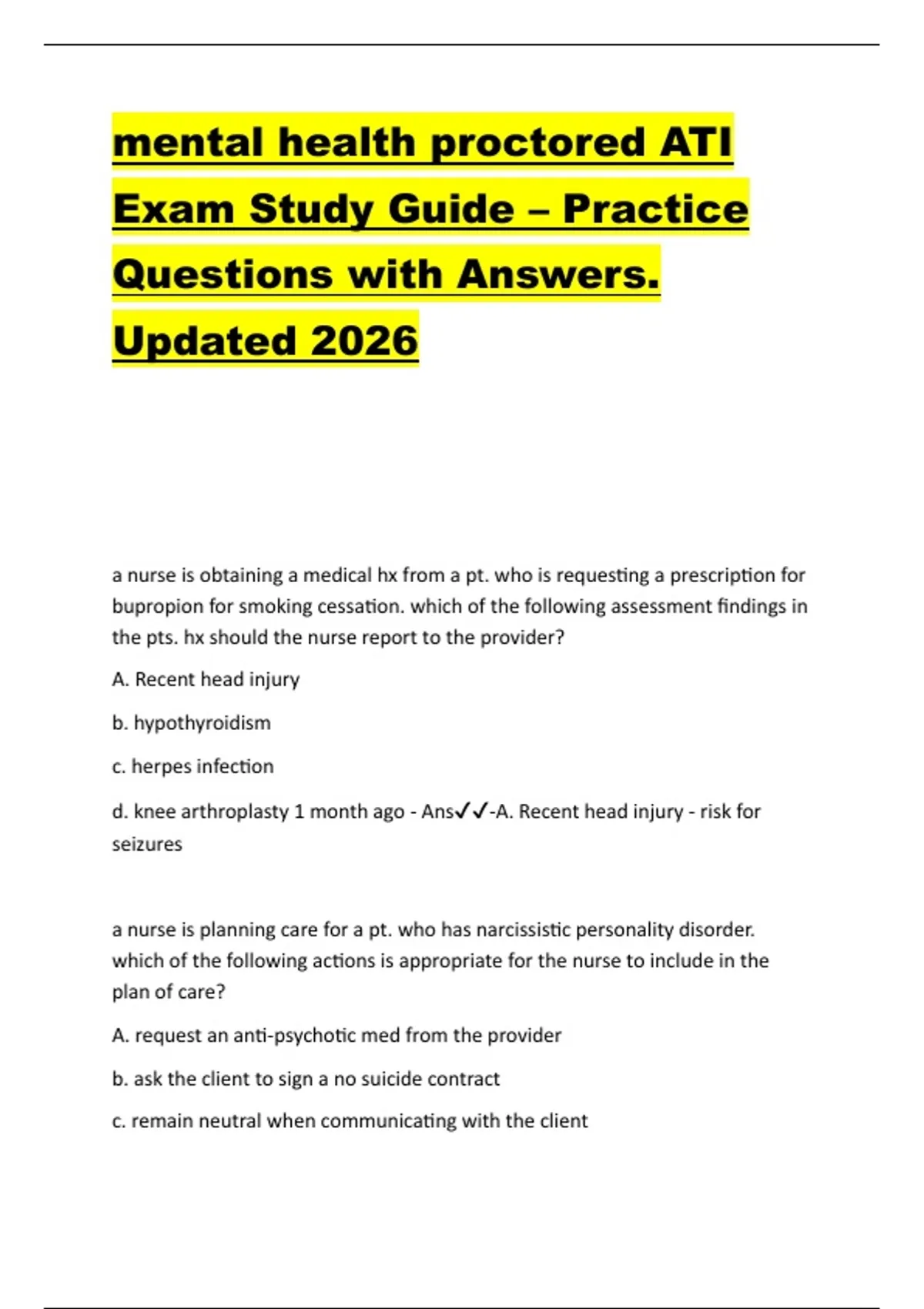 mental health proctored ATI Exam Study Guide – Practice Questions with ...