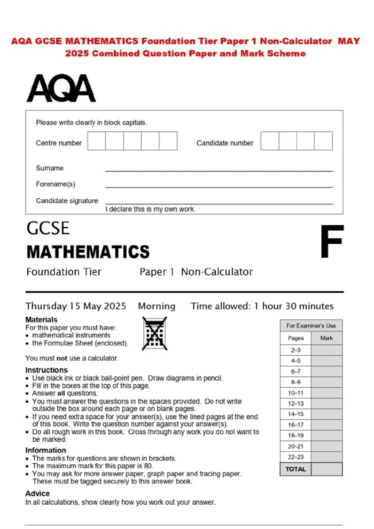 AQA GCSE MATHEMATICS Foundation Tier Paper 1 Non-Calculator MAY 2025 ...