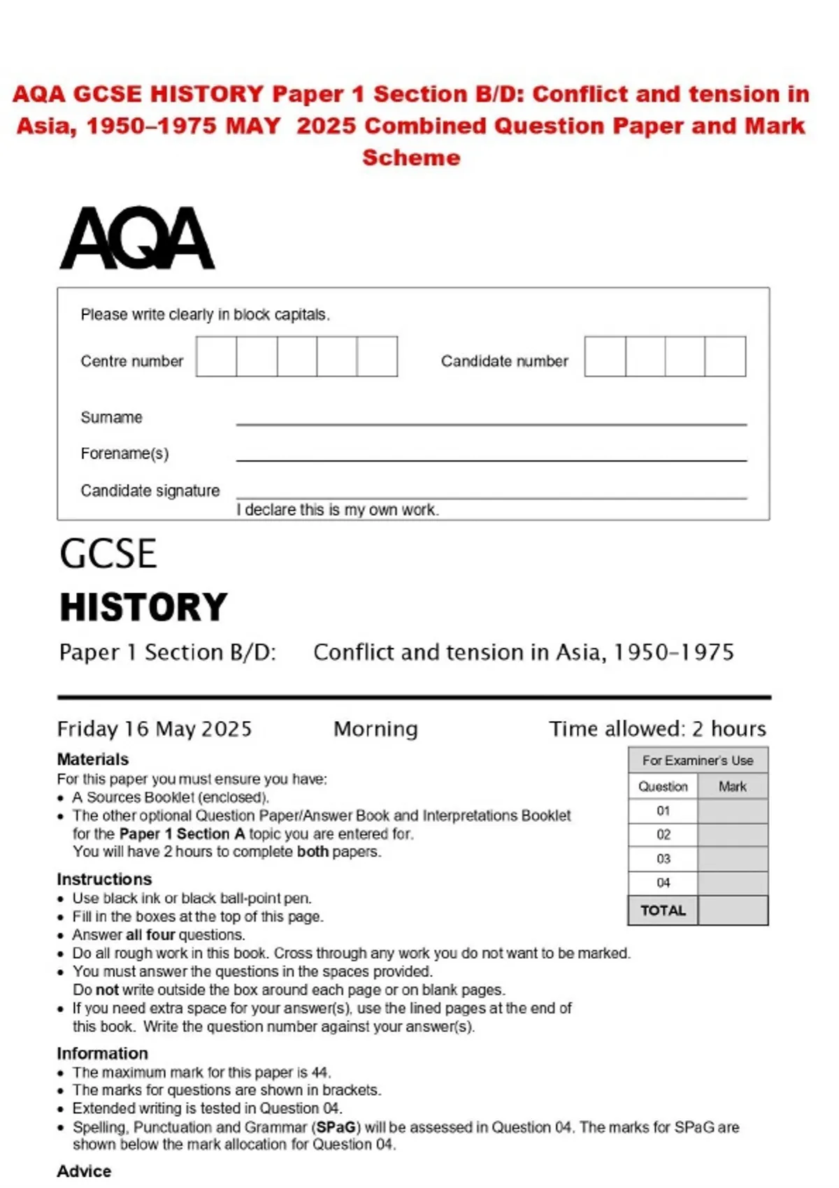 AQA GCSE HISTORY Paper 1 Section B/D: Conflict and tension in Asia ...