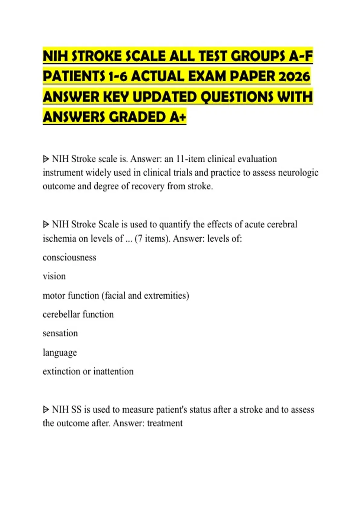 NIH STROKE SCALE ALL TEST GROUPS A-F PATIENTS 1-6 ACTUAL EXAM PAPER ...